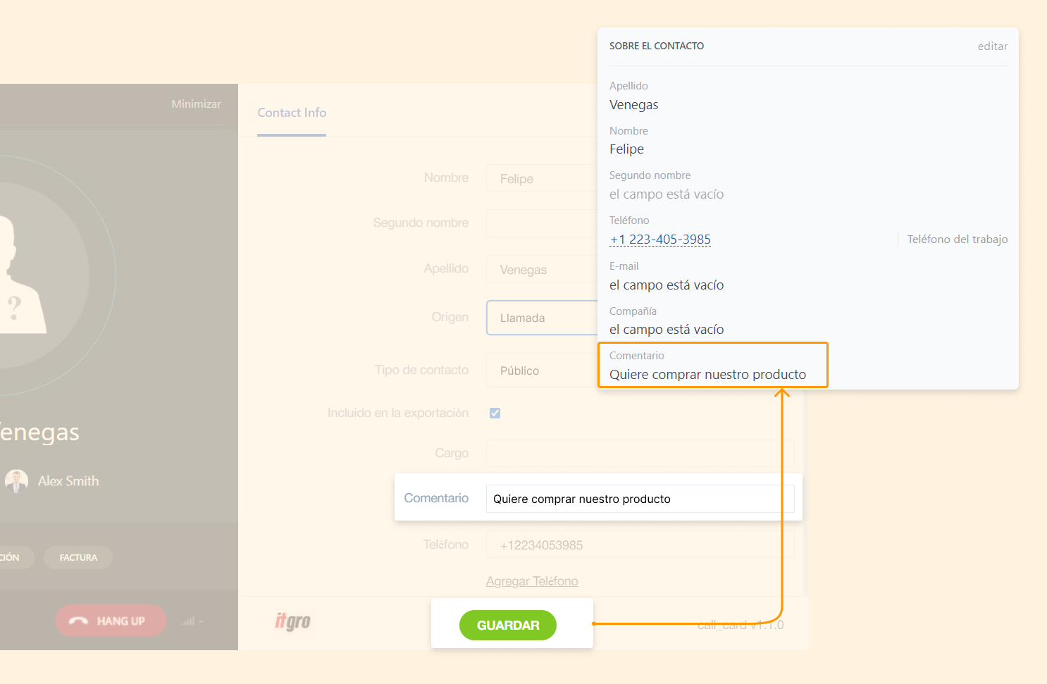 Call Card Información ampliada sobre el cliente en la tarjeta de ...